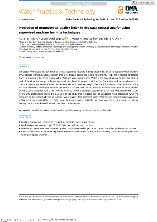 (PDF) Prediction of groundwater quality index in the Gaza coastal aquifer using supervised ...