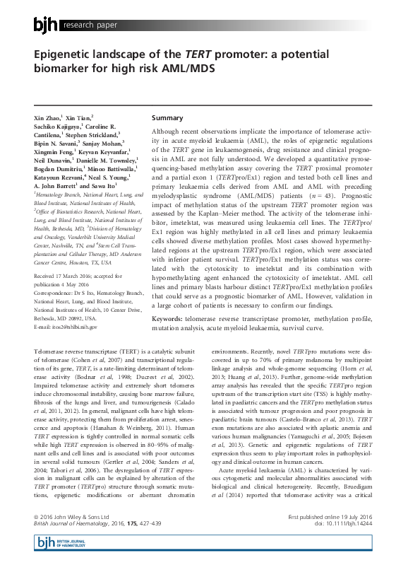 (PDF) Epigenetic landscape of the TERT promoter: a potential biomarker ...