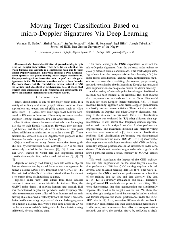 Pdf Moving Target Classification Based On Micro Doppler Signatures Via Deep Learning