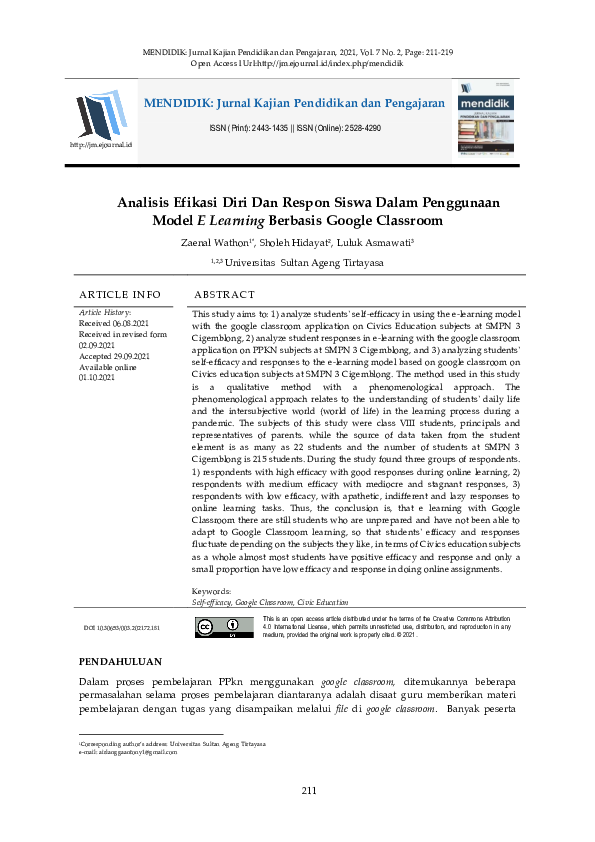 (PDF) Analisis Efikasi Diri Dan Respon Siswa Dalam Penggunaan Model E Learning Berbasis Google ...