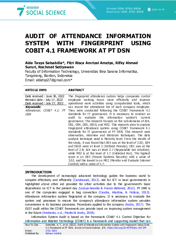 (PDF) Audit of Attendance Information System with Fingerprint Using Cobit 4.1 Framework at PT DSN