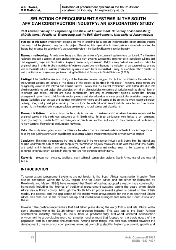 (PDF) Selection of procurement systems in the South African construction industry: An ...