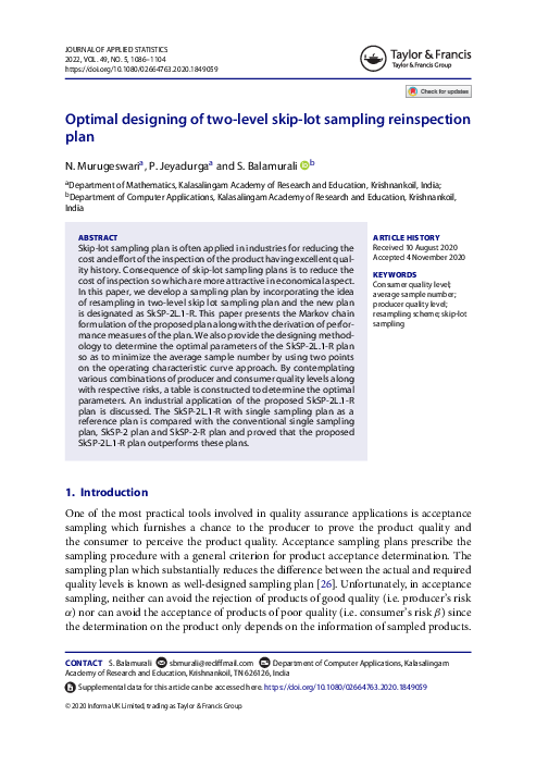 (PDF) Optimal designing of two-level skip-lot sampling reinspection plan