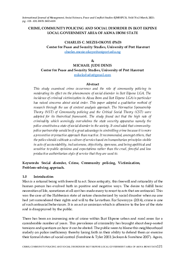 (PDF) CRIME, COMMUNITY POLICING AND SOCIAL DISORDER IN IKOT EKPENE ...