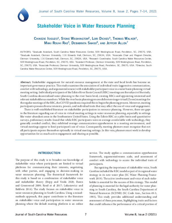 (PDF) Stakeholder Voice in Water Resource Planning
