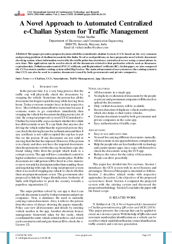 (PDF) A Novel Approach to Automated Centralized e-Challan System for ...
