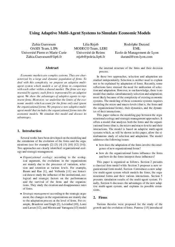 Pdf Using Adaptive Multi Agent Systems To Simulate Economic Models