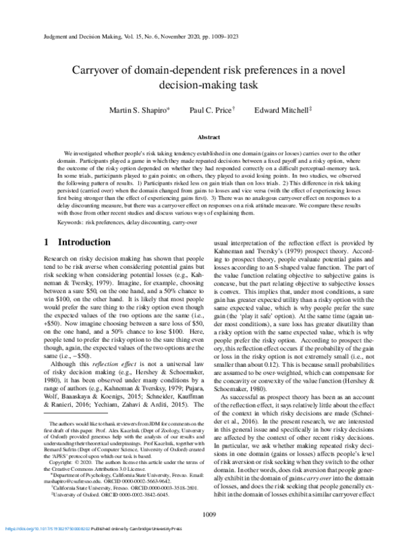 (PDF) Carryover of domain-dependent risk preferences in a novel ...
