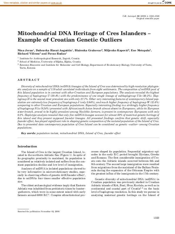 (PDF) Mitochondrial DNA Heritage of Cres Islanders - Example of ...