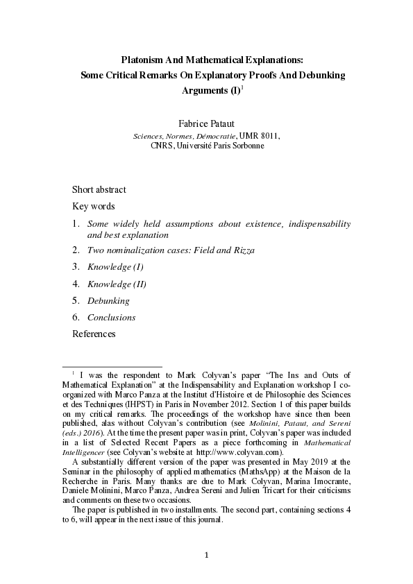 (PDF) Platonism And Mathematical Explanations