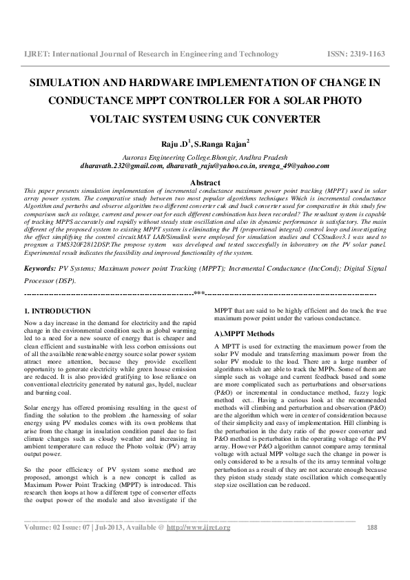(PDF) Simulation and Hardware Implementation of Change in Conductance MPPT Controller for a ...