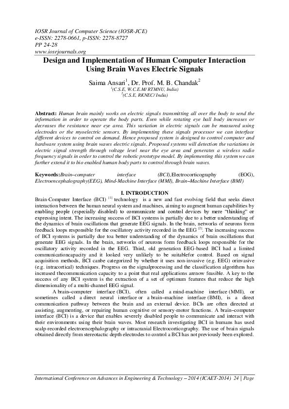 (PDF) Design and Implementation of Human Computer Interaction Using Brain Waves Electric Signals