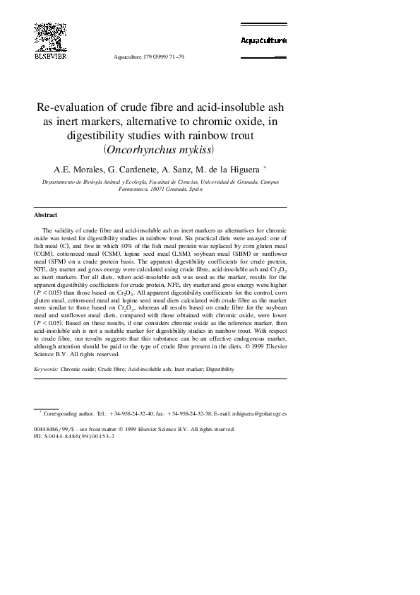 (PDF) Crude Fibre and Acid-Insoluble Ash as Digestibility Markers in Trout