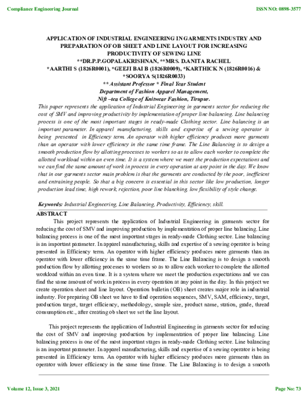 (PDF) APPLICATION OF INDUSTRIAL ENGINEERING IN GARMENTS INDUSTRY AND ...