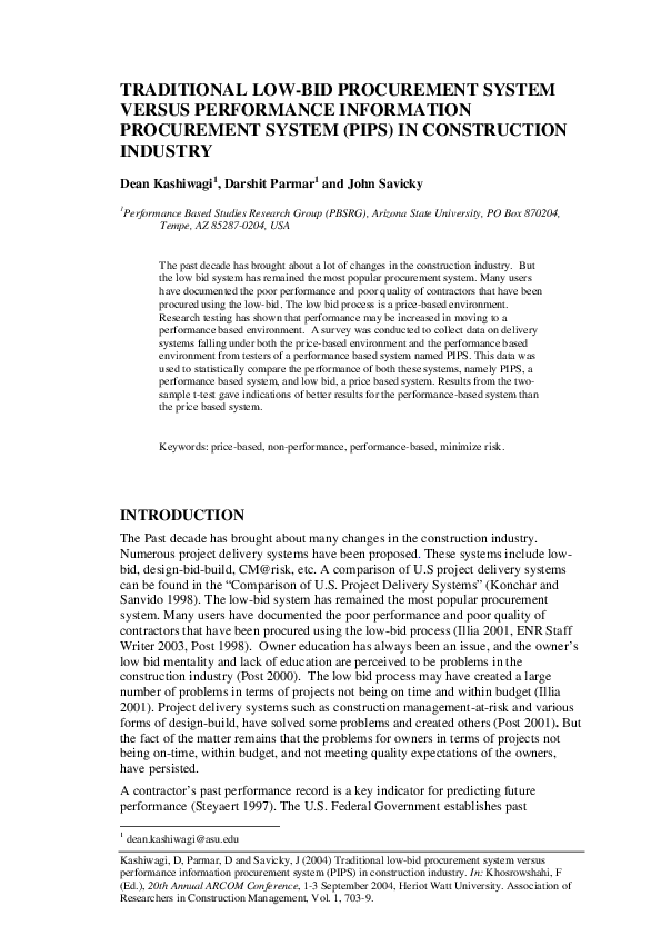 (PDF) Traditional Low-Bid Procurement System Versus Performance ...