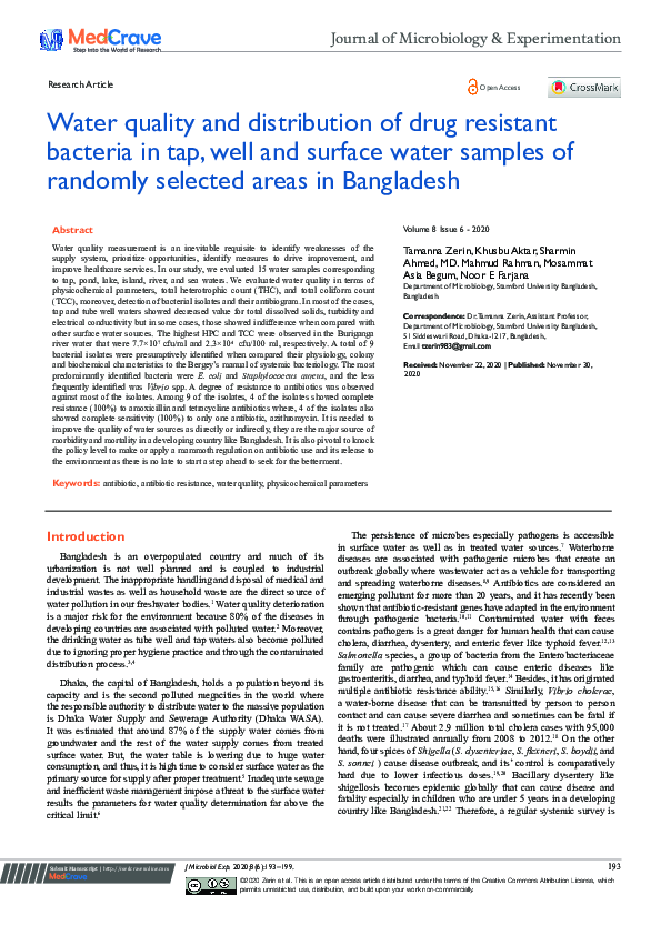 (PDF) Water quality and distribution of drug resistant bacteria in tap ...