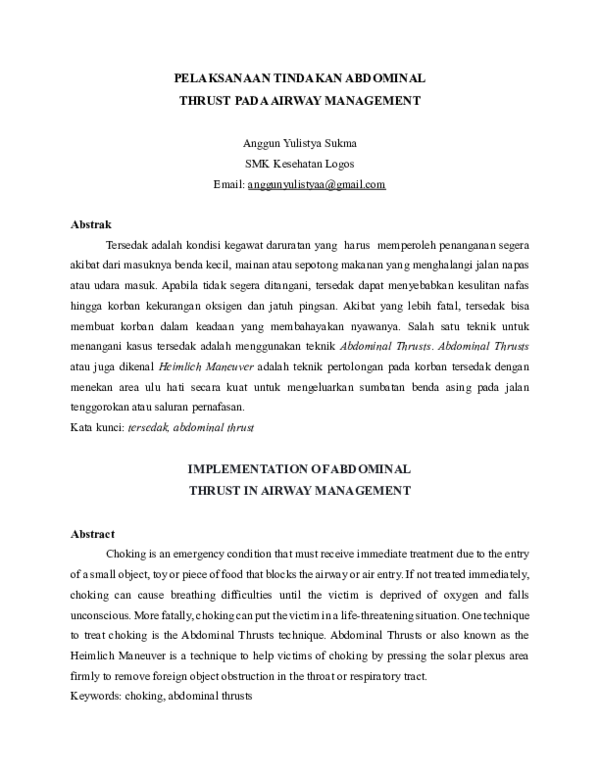(PDF) PELAKSANAAN TINDAKAN ABDOMINAL THRUST PADA AIRWAY MANAGEMENT