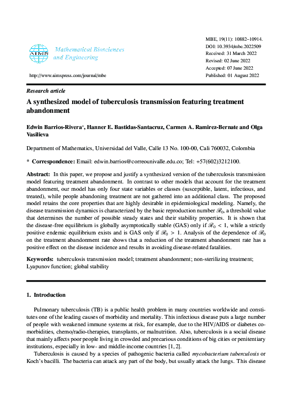 Pdf A Synthesized Model Of Tuberculosis Transmission Featuring Treatment Abandonment