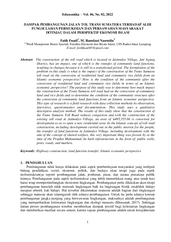 (PDF) Dampak Pembangunan Jalan Tol Trans Sumatera Terhadap Alih Fungsi Lahan Permukiman Dan ...