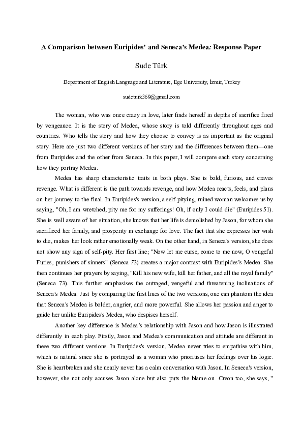 (PDF) A Comparison between Euripides' and Seneca's Medea: Response Paper