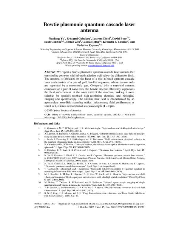 (PDF) Bowtie plasmonic quantum cascade laser antenna