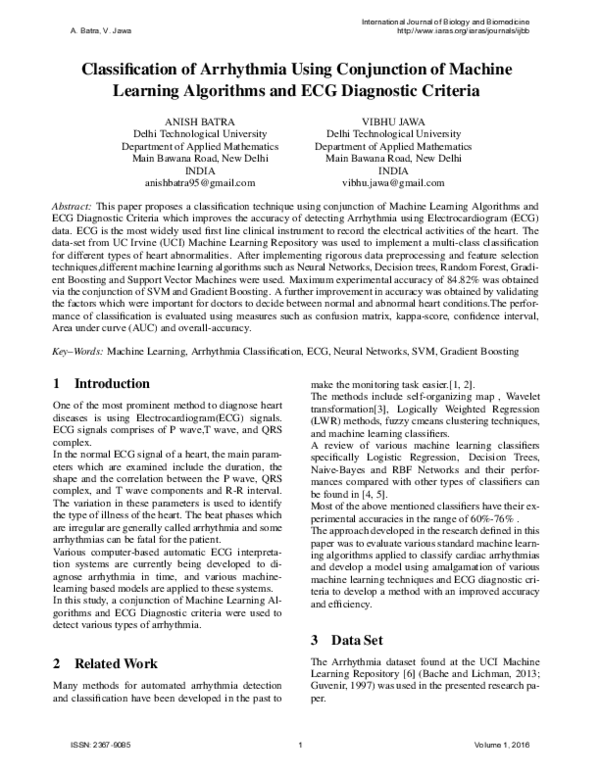 Pdf Classification Of Arrhythmia Using Conjunction Of Machine Learning Algorithms And Ecg
