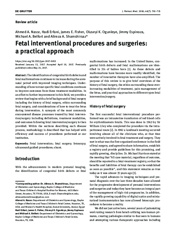 (PDF) Fetal interventional procedures and surgeries: a practical approach
