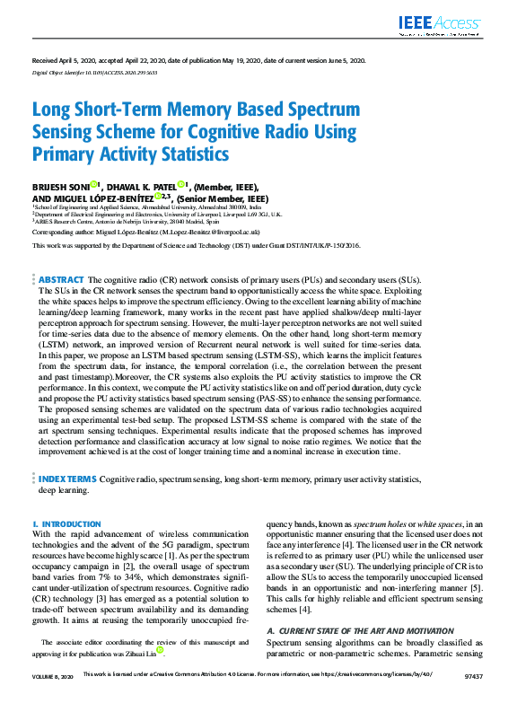 Pdf Long Short Term Memory Based Spectrum Sensing Scheme For Cognitive Radio Using Primary