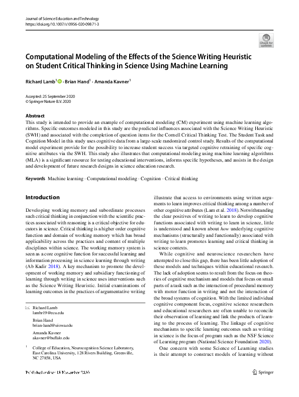 (PDF) Computational Modeling of the Effects of the Science Writing Heuristic on Student Critical ...