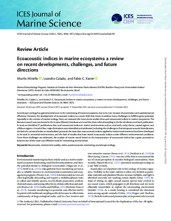 Ecoacoustic indices in marine ecosystems: a review on recent developments, challenges, and ...