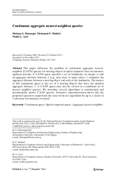 (PDF) Continuous aggregate nearest neighbor queries