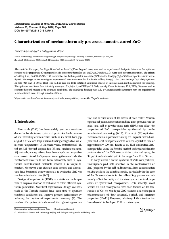 (PDF) Characterization of mechanothermally processed nanostructured ZnO