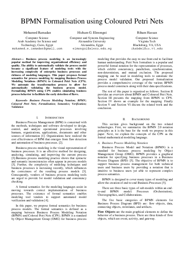 (PDF) BPMN Formalisation using Coloured Petri Nets