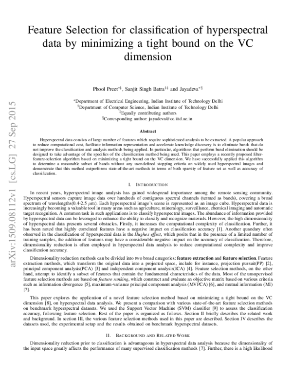 (PDF) Feature Selection for classification of hyperspectral data by minimizing a tight bound on ...