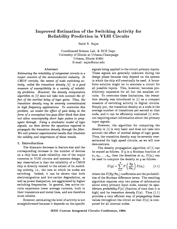 Pdf Improved Estimation Of The Switching Activity For Reliability Prediction In Vlsi Circuits