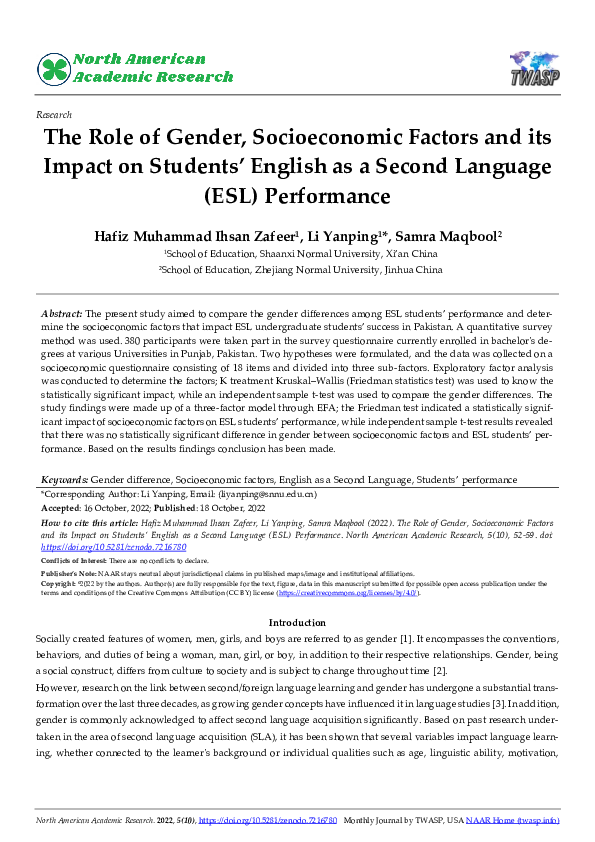 (PDF) The Role of Gender, Socioeconomic Factors and its Impact on Students' English as a Second ...
