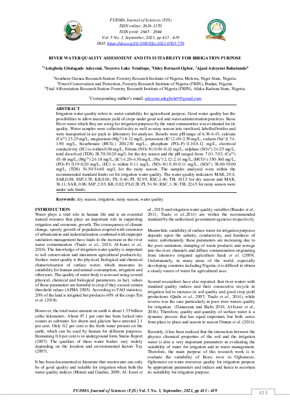(PDF) River Water Quality Assessment and Its Suitability for Irrigation ...