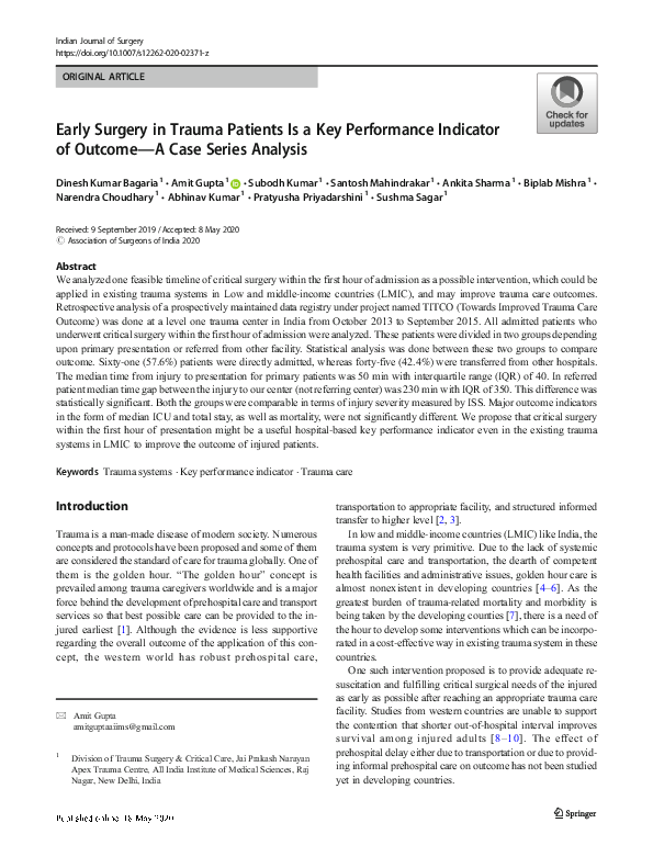 (PDF) Early Surgery in Trauma Patients Is a Key Performance Indicator ...