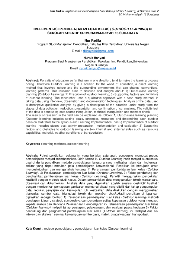 (PDF) Implementasi Pembelajaran Luar Kelas (Outdoor Learning) DI Sekolah Kreatif SD Muhammadiyah ...
