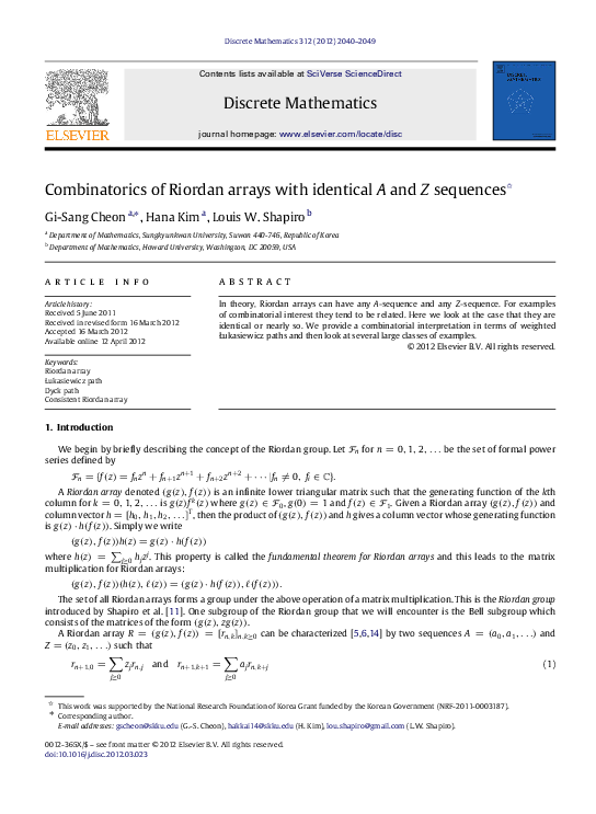 (PDF) Combinatorics of Riordan arrays with identical A and Z sequences