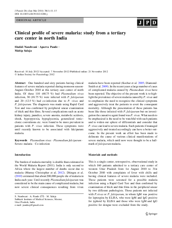 (PDF) Clinical profile of severe malaria: study from a tertiary care ...