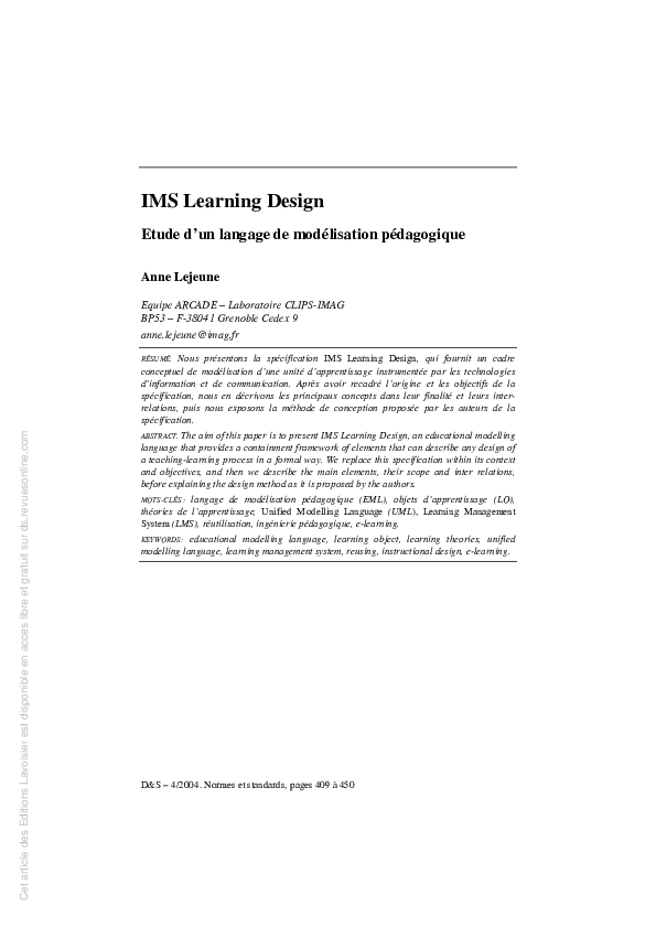 (PDF) IMS Learning Design. Etude d'un langage de modélisation pédagogique