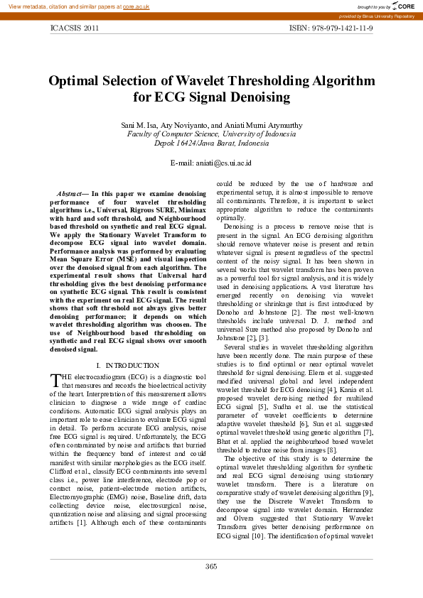 (PDF) Optimal selection of wavelet thresholding algorithm for ECG signal denoising