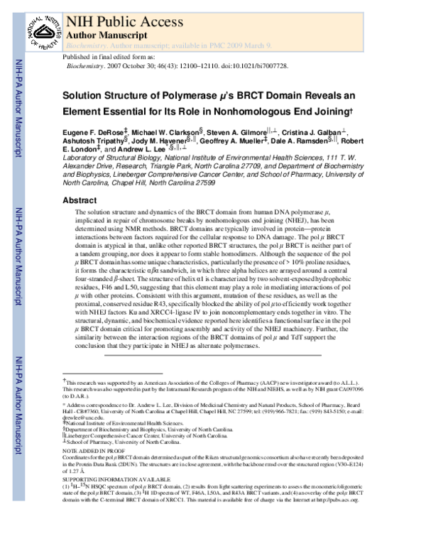 (PDF) Solution Structure of Polymerase μ's BRCT Domain Reveals an ...