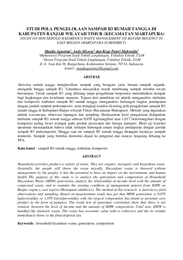 (PDF) Studi Pola Pengelolaan Sampah B3 Rumah Tangga DI Kabupaten Banjar Wilayah Timur (Kecamatan ...