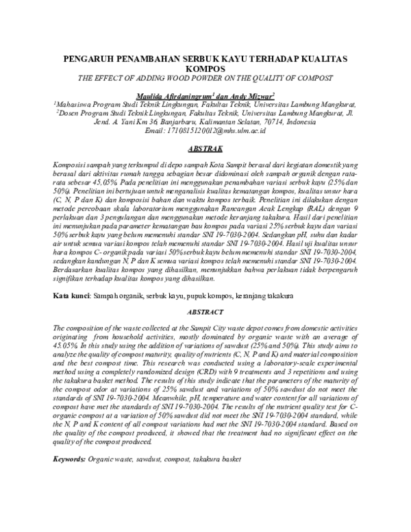 (PDF) Pengaruh Penambahan Serbuk Kayu Terhadap Kualitas Kompos