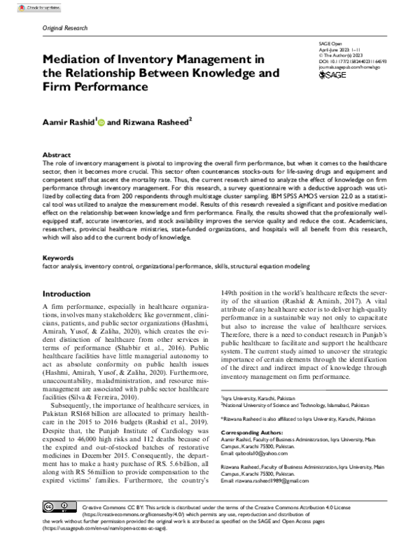 (PDF) Mediation of Inventory Management in the Relationship Between Knowledge and Firm Performance
