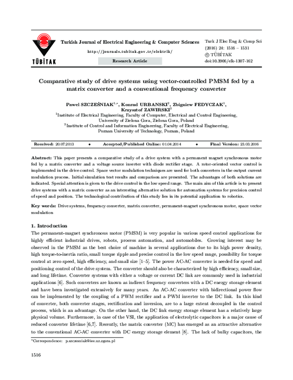 (PDF) Comparative study of drive systems using vector-controlled PMSM fed by a matrix converter ...