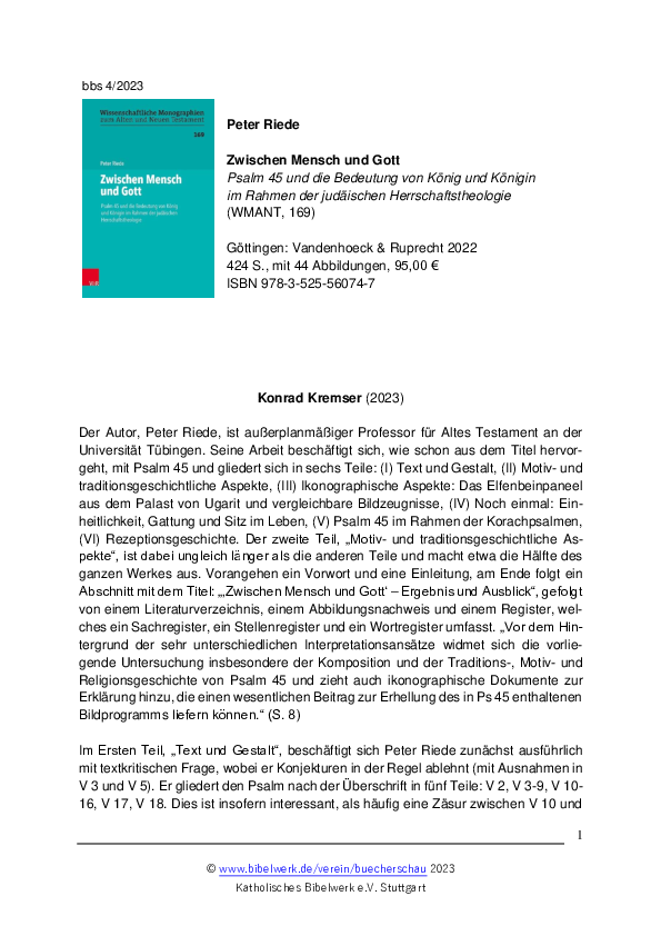 (PDF) Rezension zu: Peter Riede, Zwischen Mensch und Gott. Psalm 45 und ...