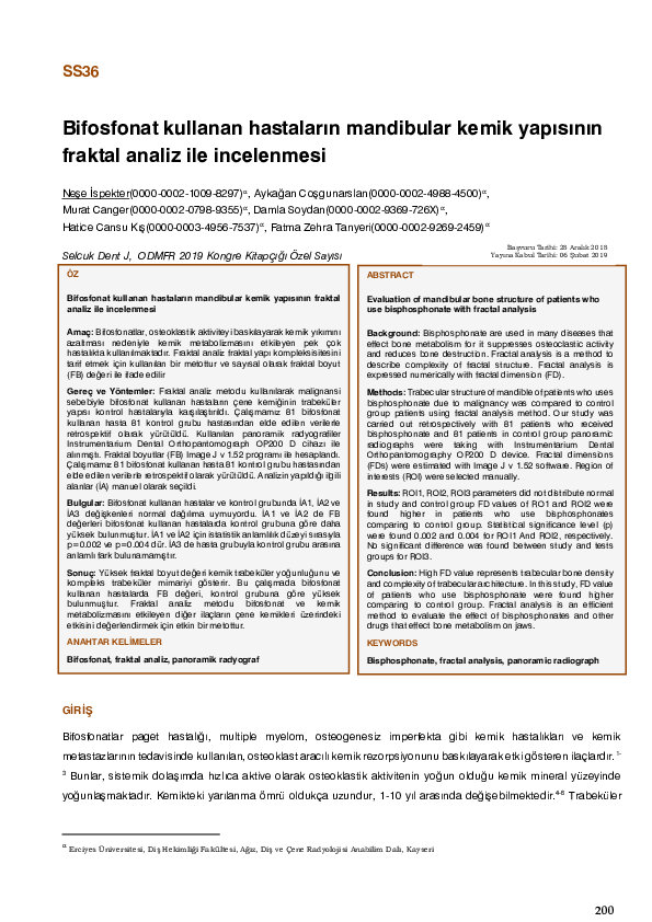 (PDF) Bifosfonat kullanan hastaların mandibular kemik yapısının fraktal ...